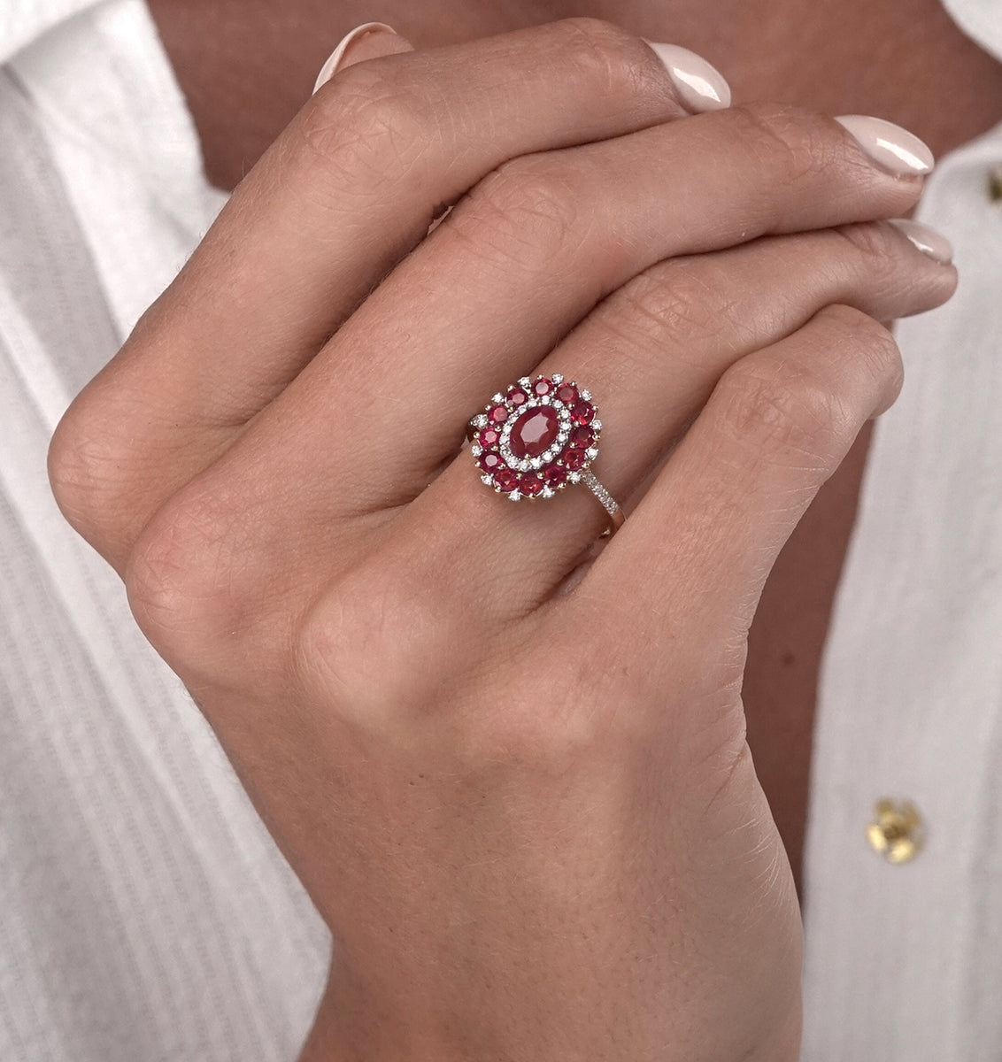 1.55ct Ruby Asteria Collection Diamond Halo Ring in 18K White Gold ...