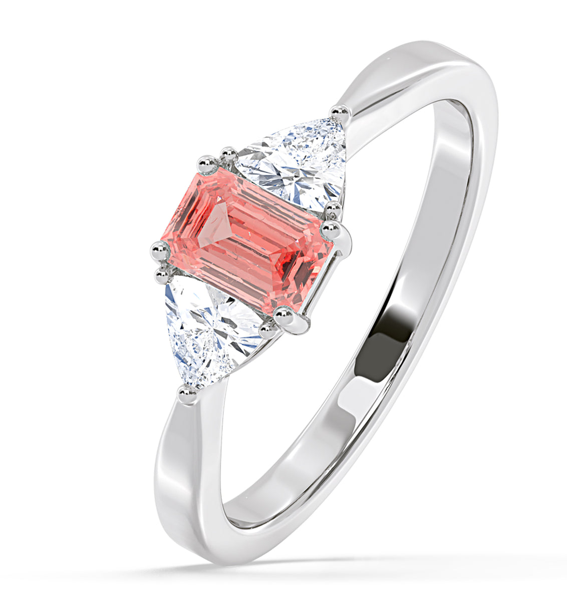 Aurora Pink Lab Diamond Emerald Cut and Trillion 1.00ct Ring in 18K ...