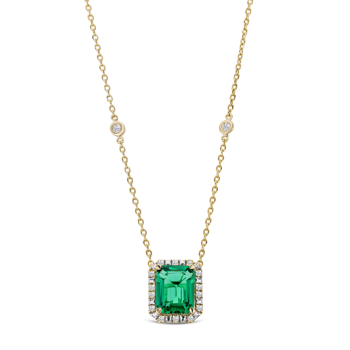 Astra 1.50ct Lab Emerald and Diamond Halo Octagon Cut Necklace in 18K ...