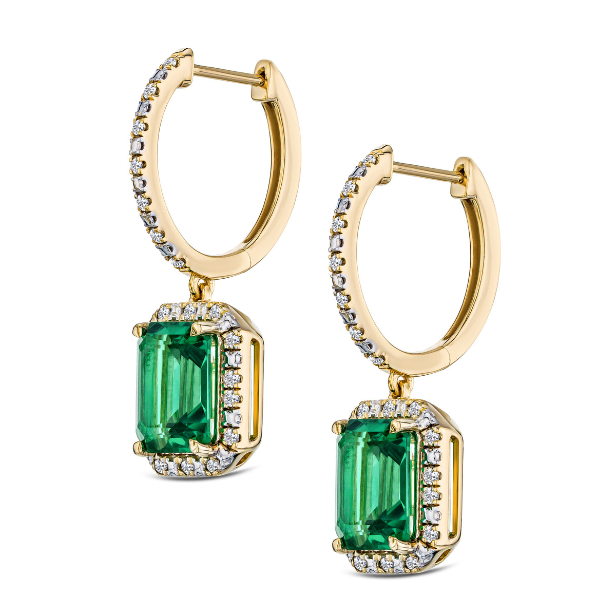 Astra 3.00ct Lab Emerald and Diamond Drop Halo Octagon Cut Earrings in ...